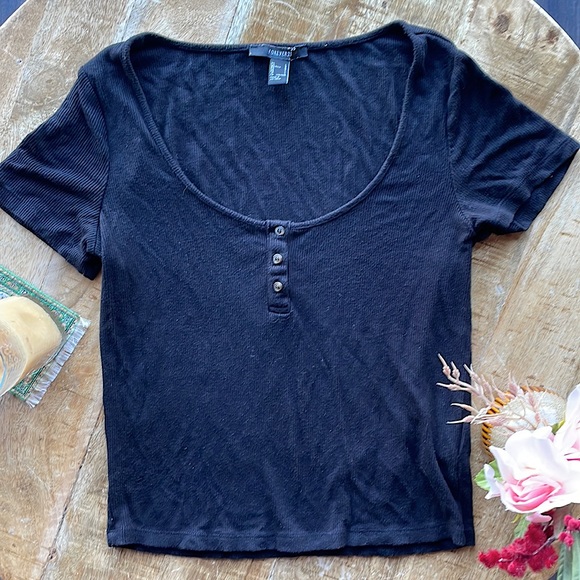 Forever 21 | Tops | Black Ribbed Henley Crop Top | Poshmark